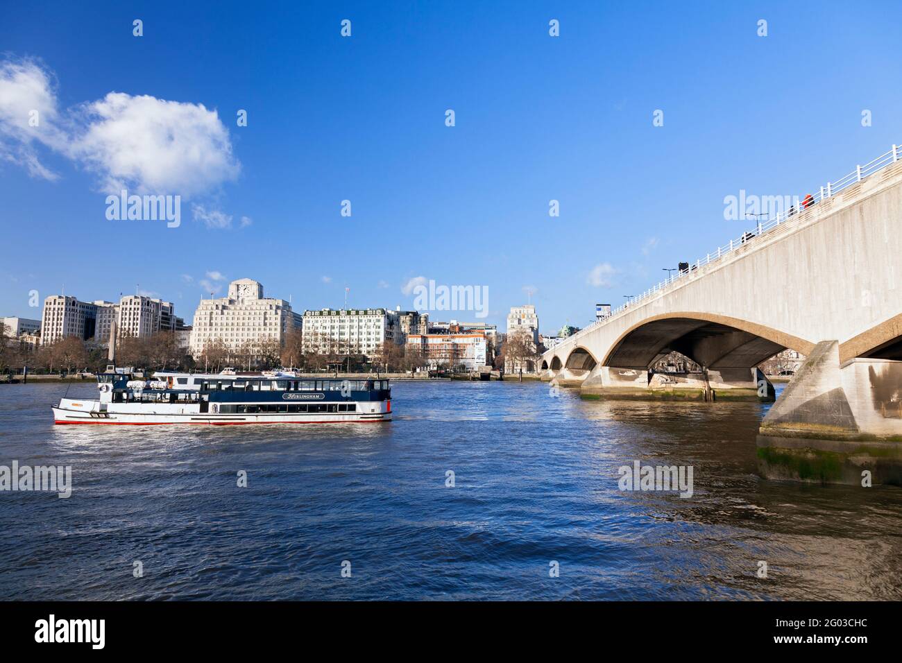 UK, England, London, River Thames and Pleasure Boat Hurlingham moored ...