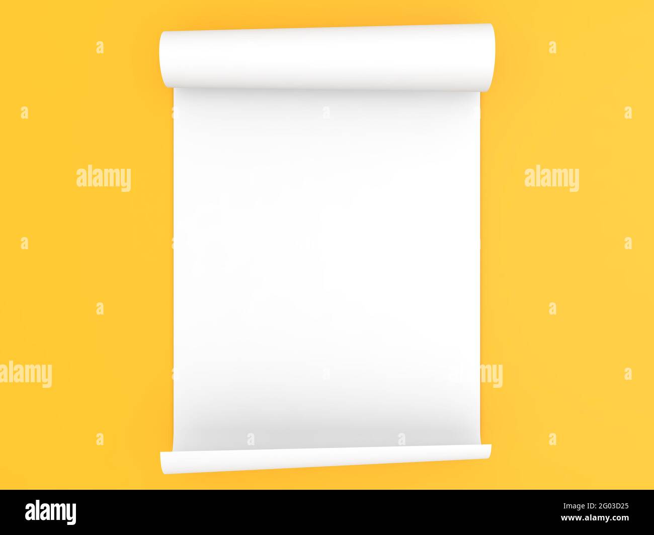 Rolled roll of A4 paper on a yellow background. 3d render illustration ...