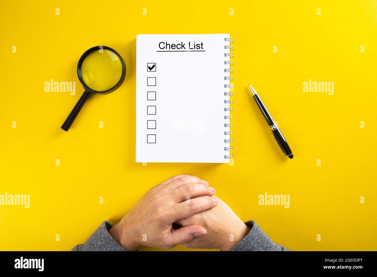 Check mark in check-box on yellow background top view space for text ...