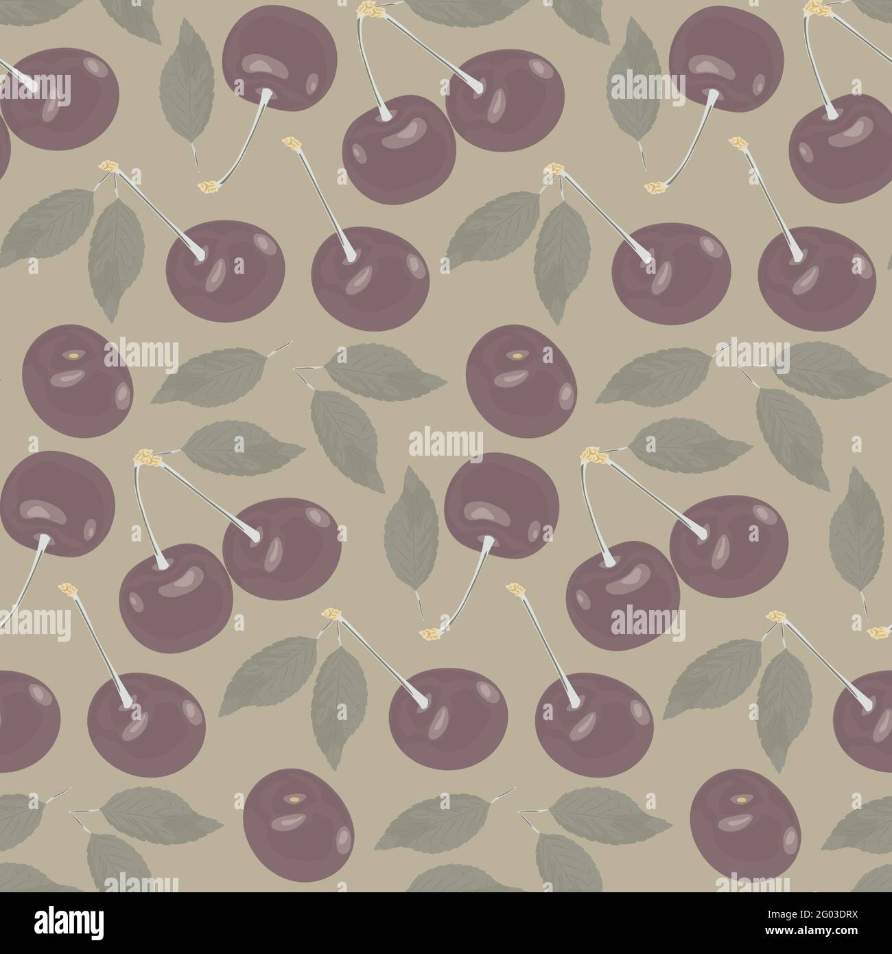 Fruit background with ripe cherries with a stem and leaf on a beige ...