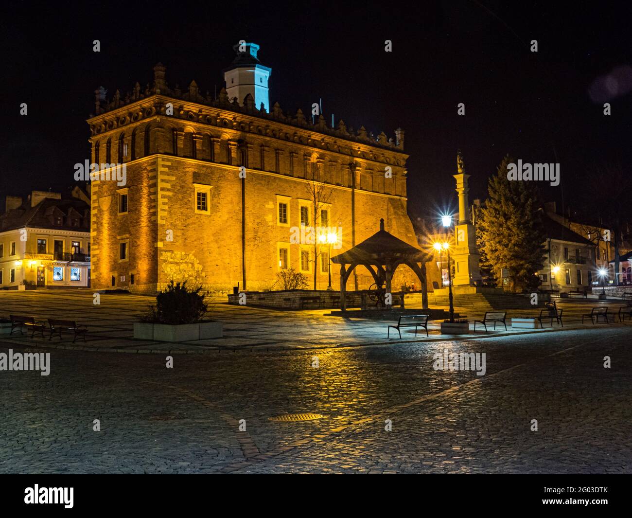 Sandomierz, Poland - Feb 17, 2020: Night view to the Market Square with ...