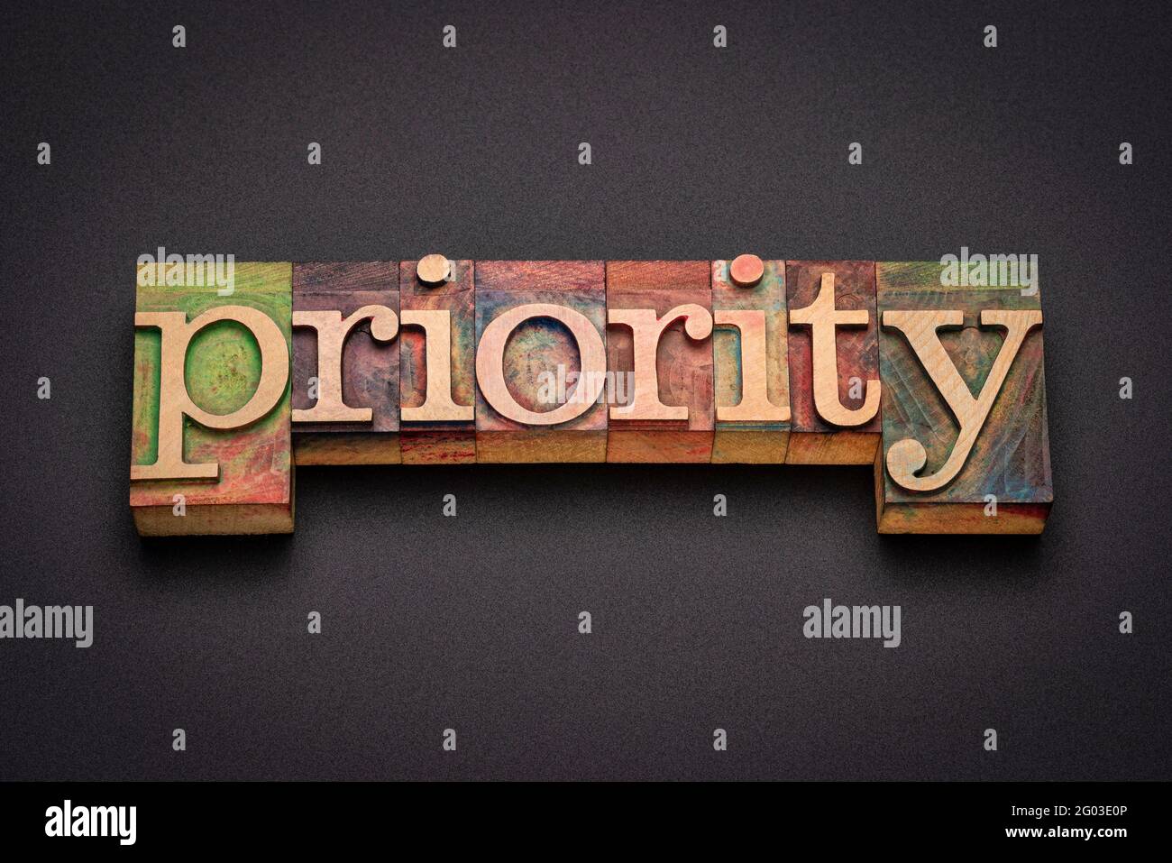 priority word abstract in vintage letterpress wood type, order ...