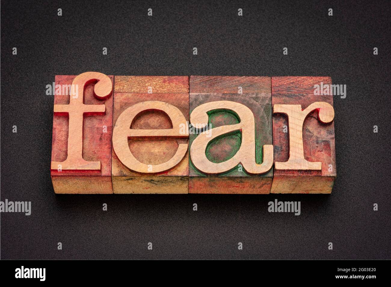 fear word abstract in letterpress wood type, negative emotions concept ...