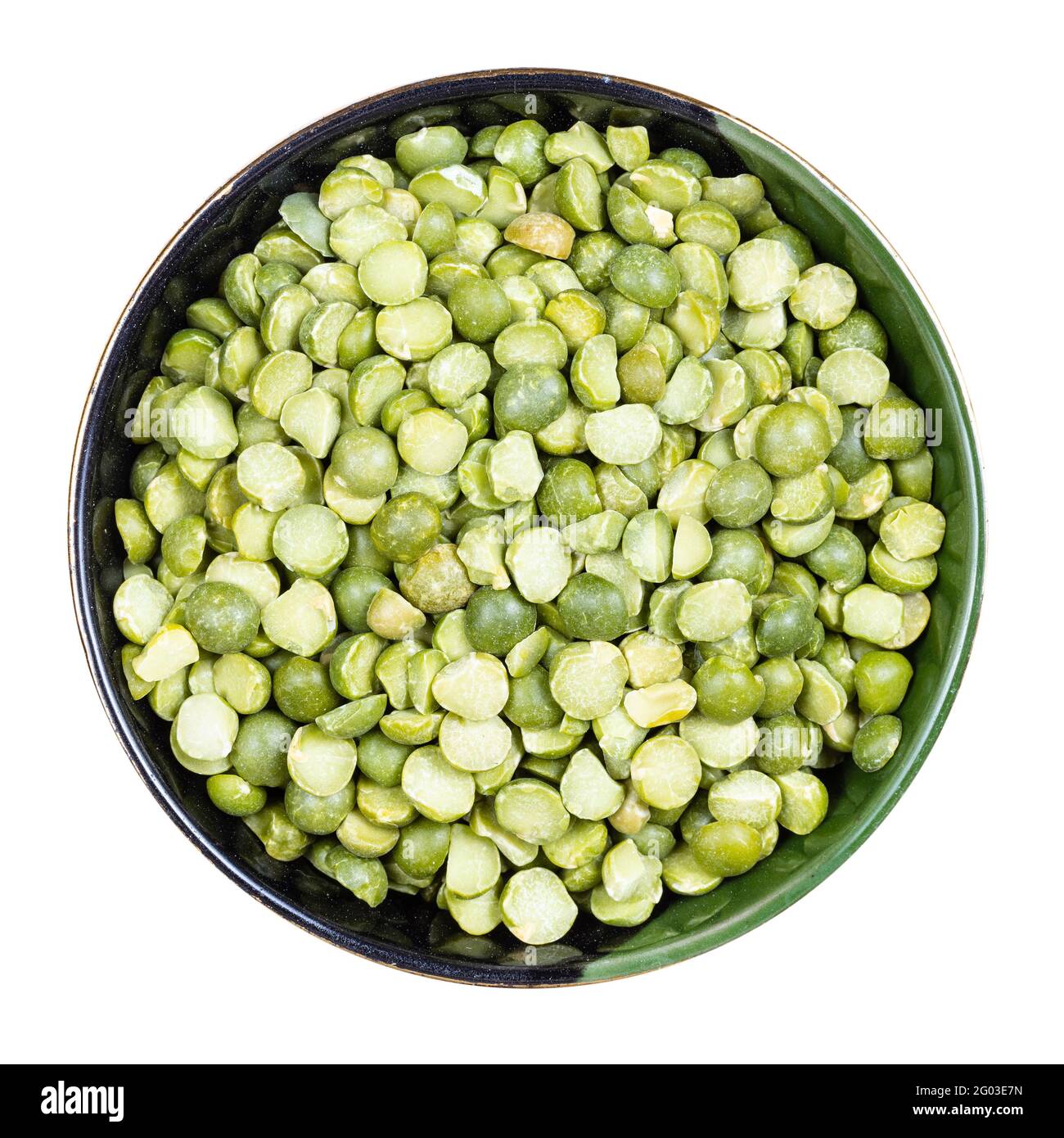 top view of raw dried green split peas in round bowl isolated on white ...