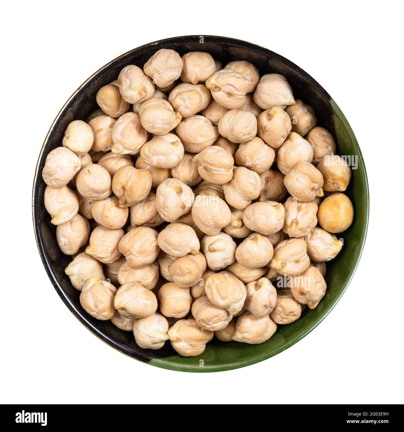top view of raw dried chickpea seeds in round bowl isolated on white ...