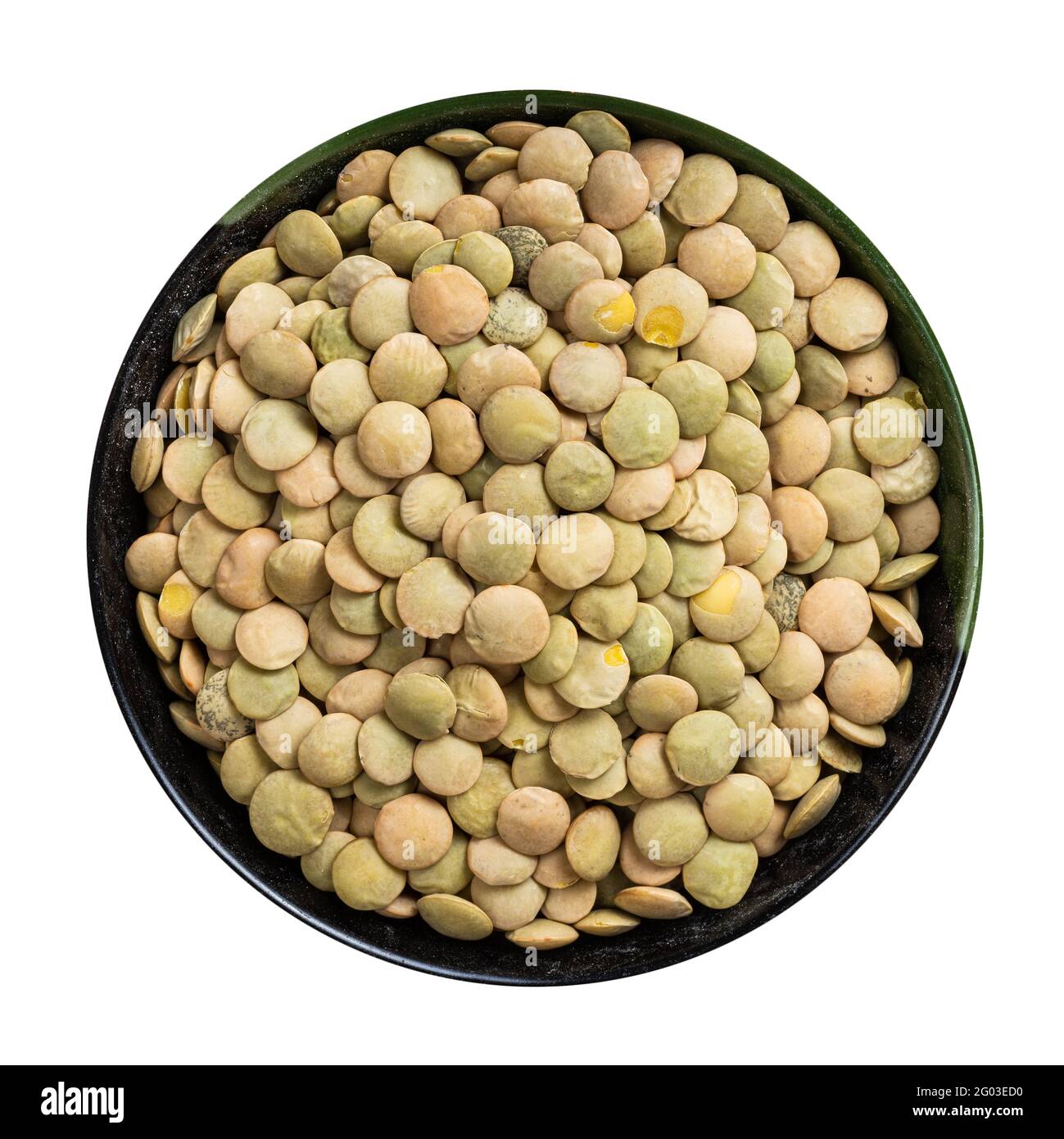 top view of raw whole large green lentils in round bowl isolated on ...
