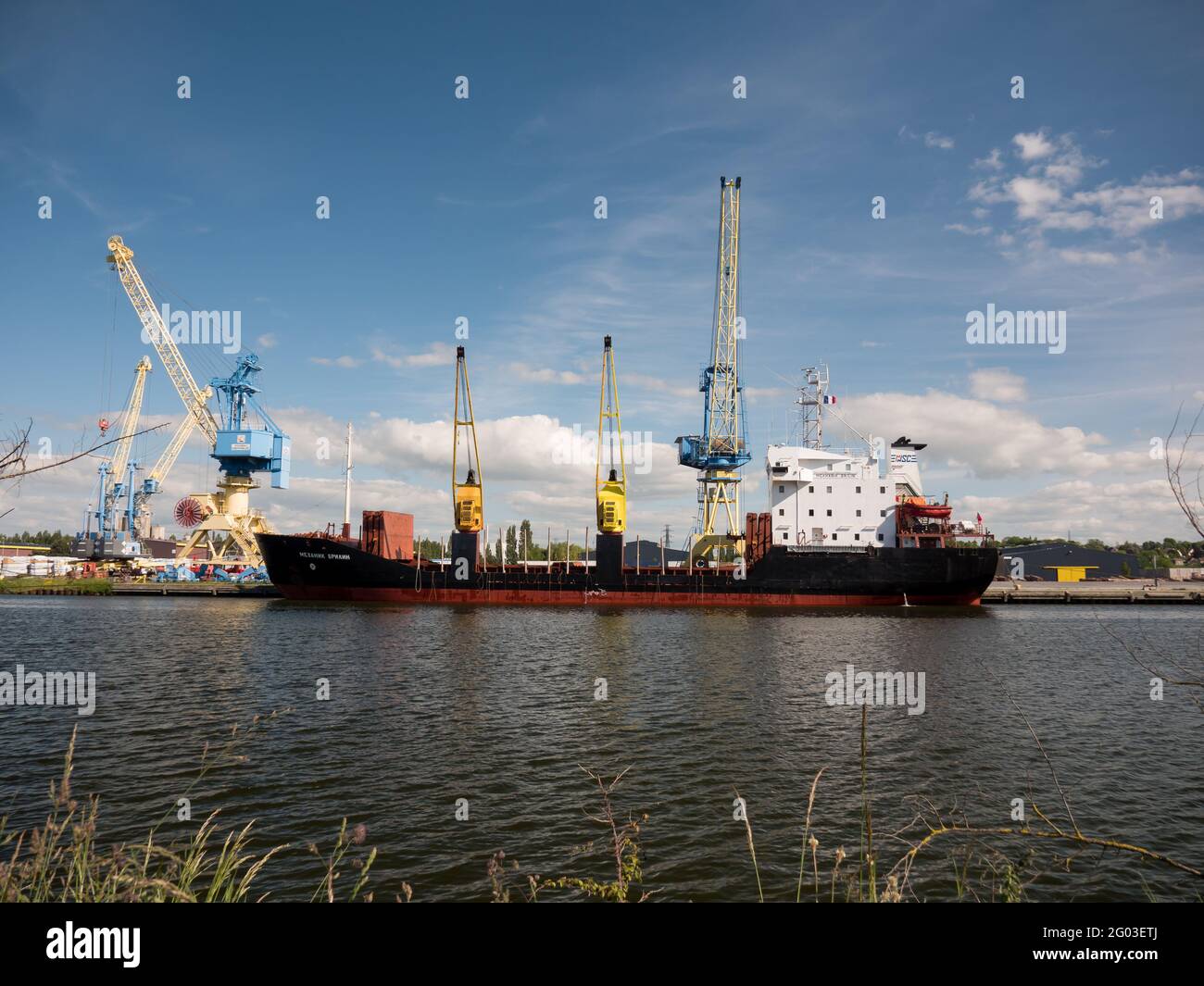 Caen, France May 2021. Unloading of a ship under the Russian flag ...