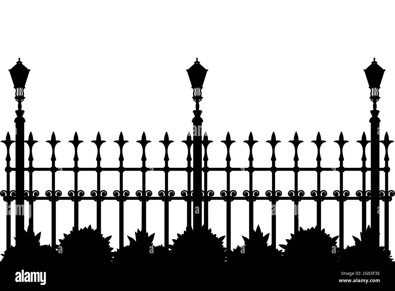 Silhouette of iron fence with street flashlights and plants. Decorative ...