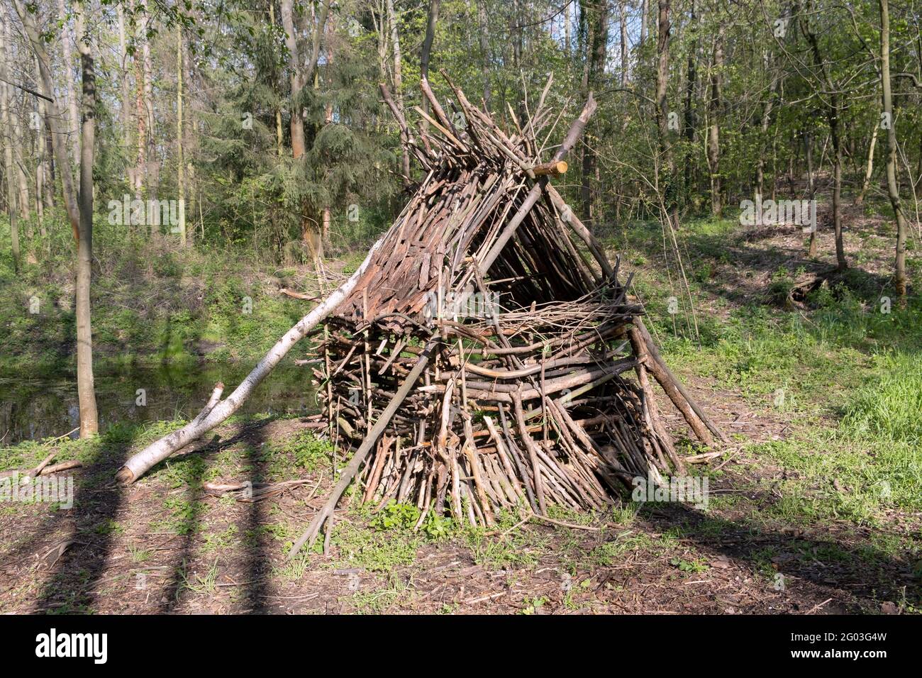 Handmade hut made of branches in the forest near pond on sunset Stock ...