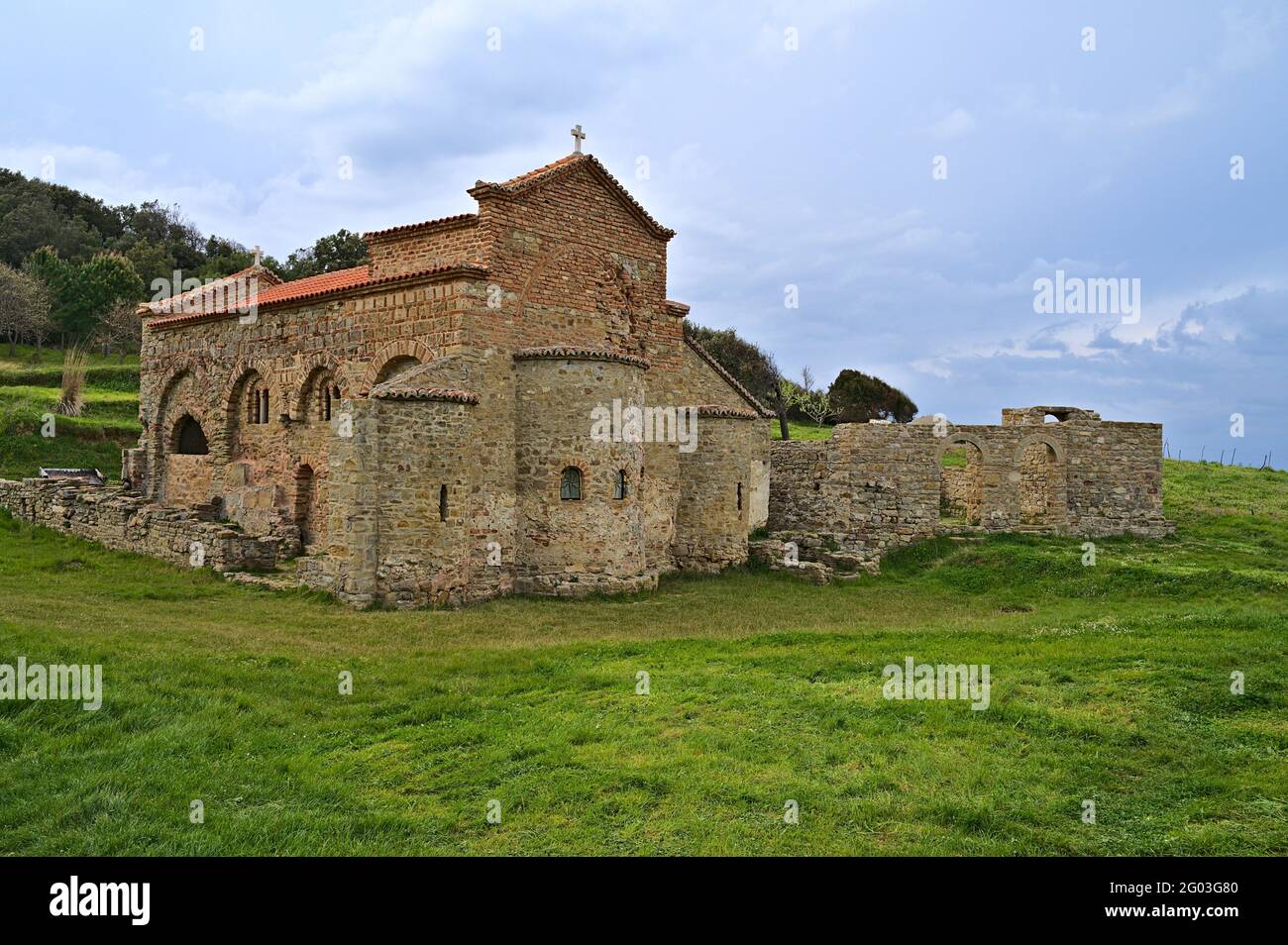 Church at Kepi i Rodonit in the North West of Albania on a cloudy day ...