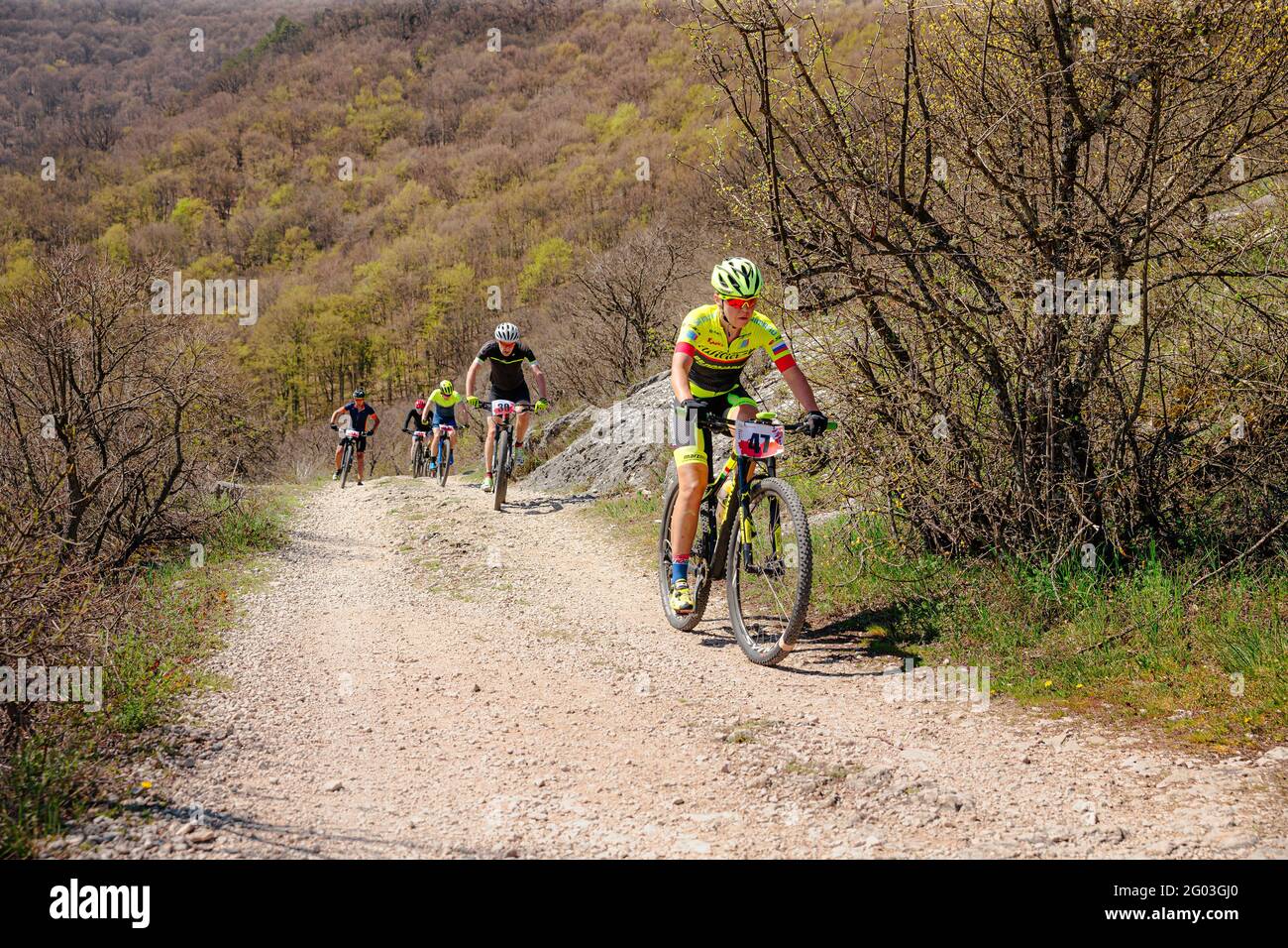 Yalta, Russia - May 1, 2021: group athletes mountain biker riding ...