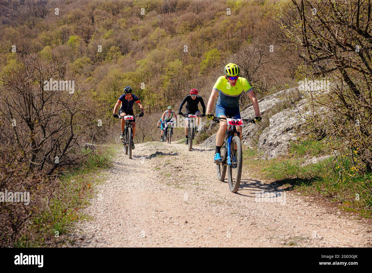Yalta, Russia - May 1, 2021: group athletes mountain biker riding ...