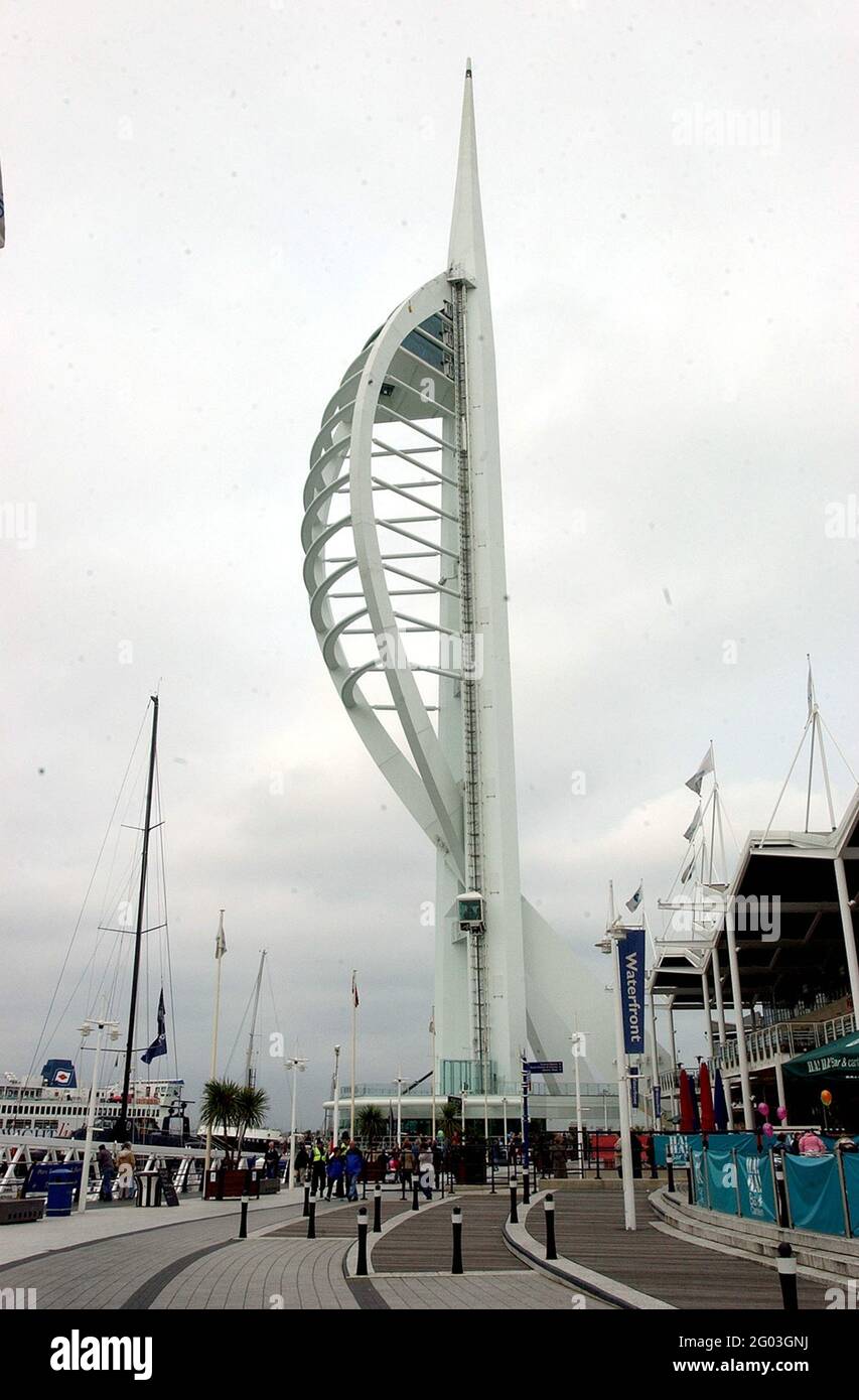 SPINNAKER TOWER LIFT, THE LIFT MOTIONLESS WITH THREE MEN IN IT AT THE ...