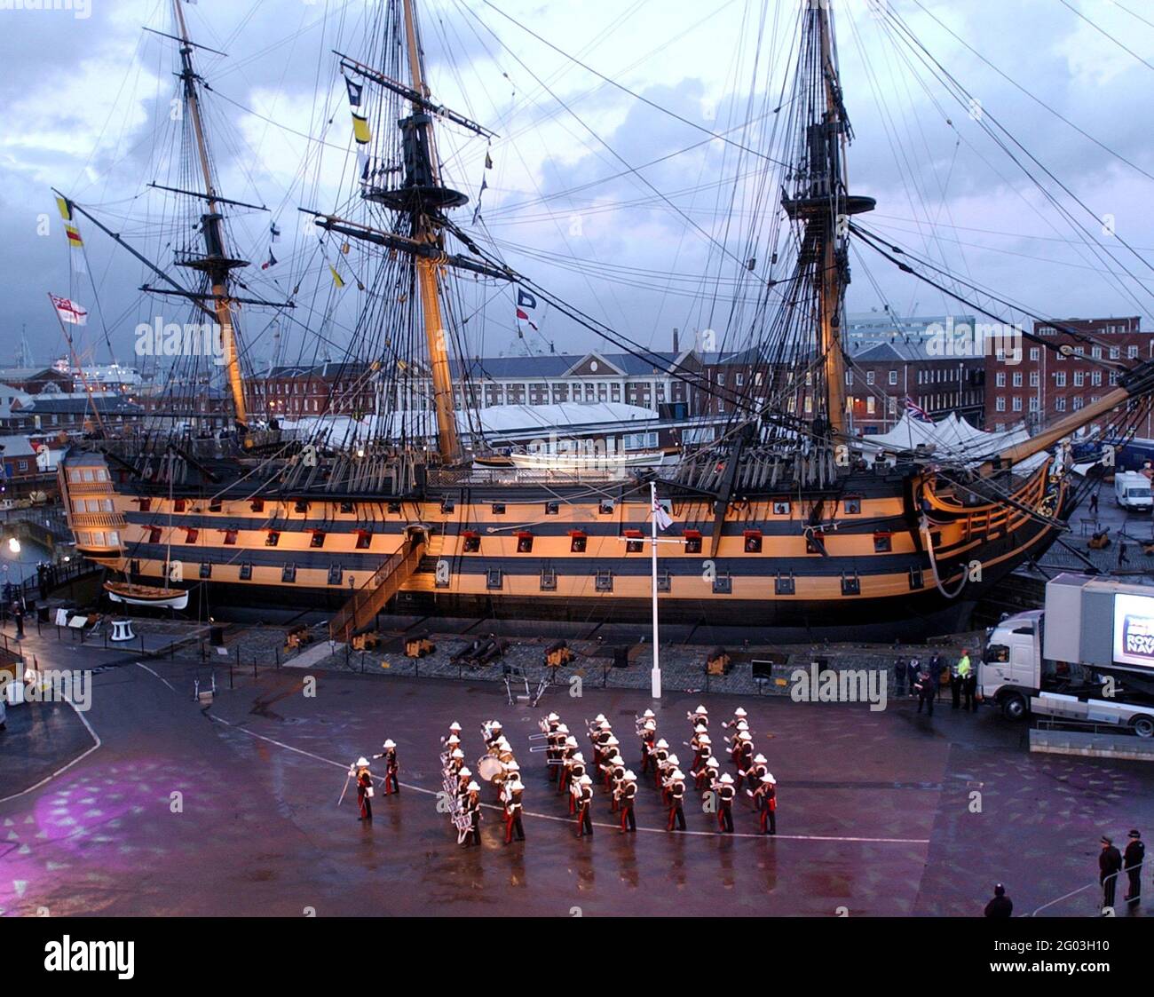 The Royal marines band play in front of hms victory at the trafalgar ...