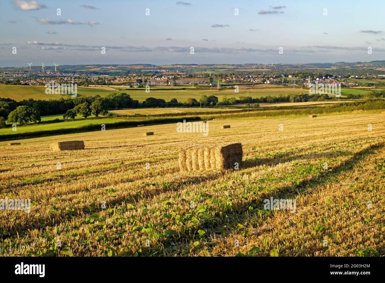 UK, South Yorkshire, Rotherham, Hay Bales in Filed overlooking the town ...