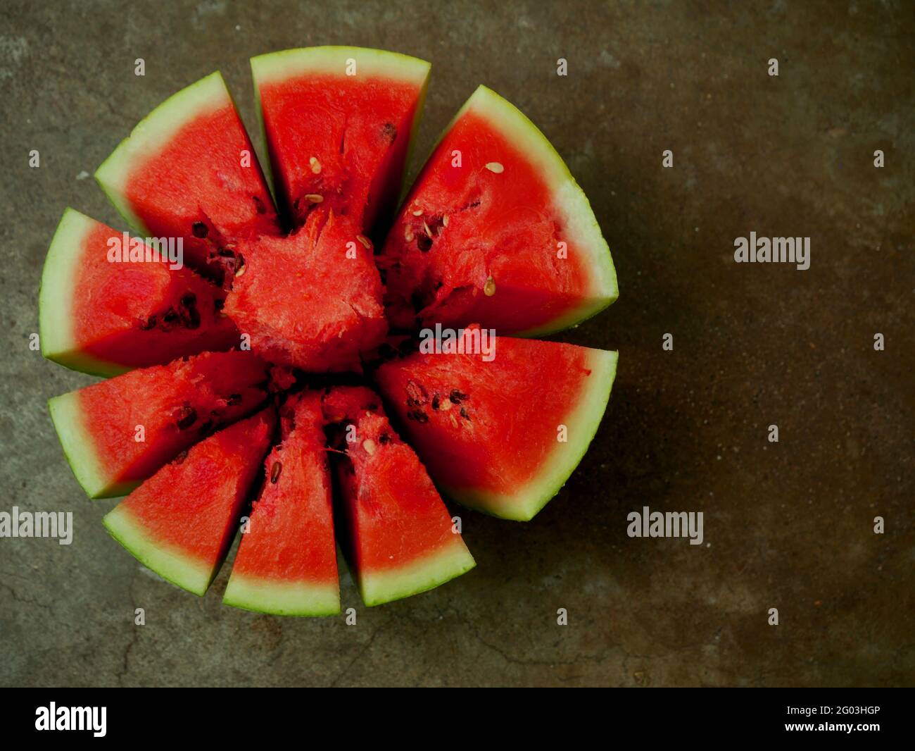 Attached slice of watermelon on half circular shape of side angle ...