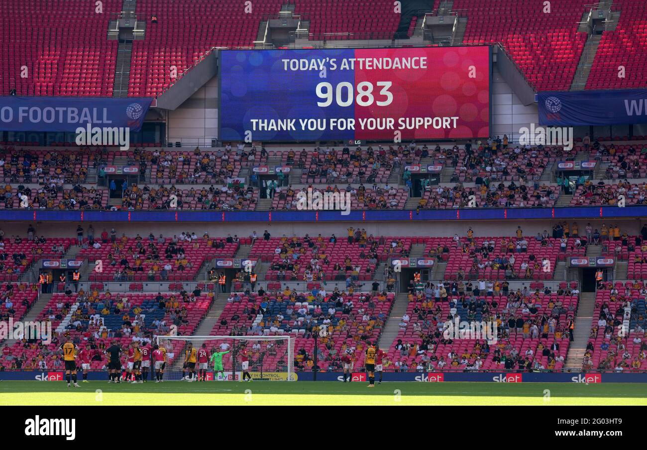 The big screen displays the crowd attendance during the Sky Bet League ...