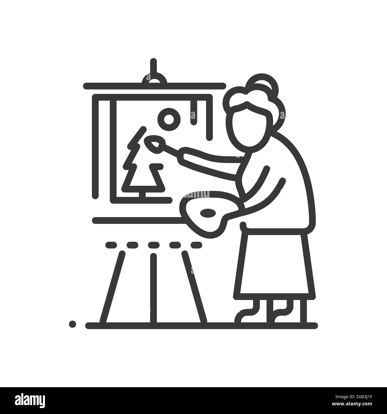 Senior woman painting - line design single isolated icon on white ...