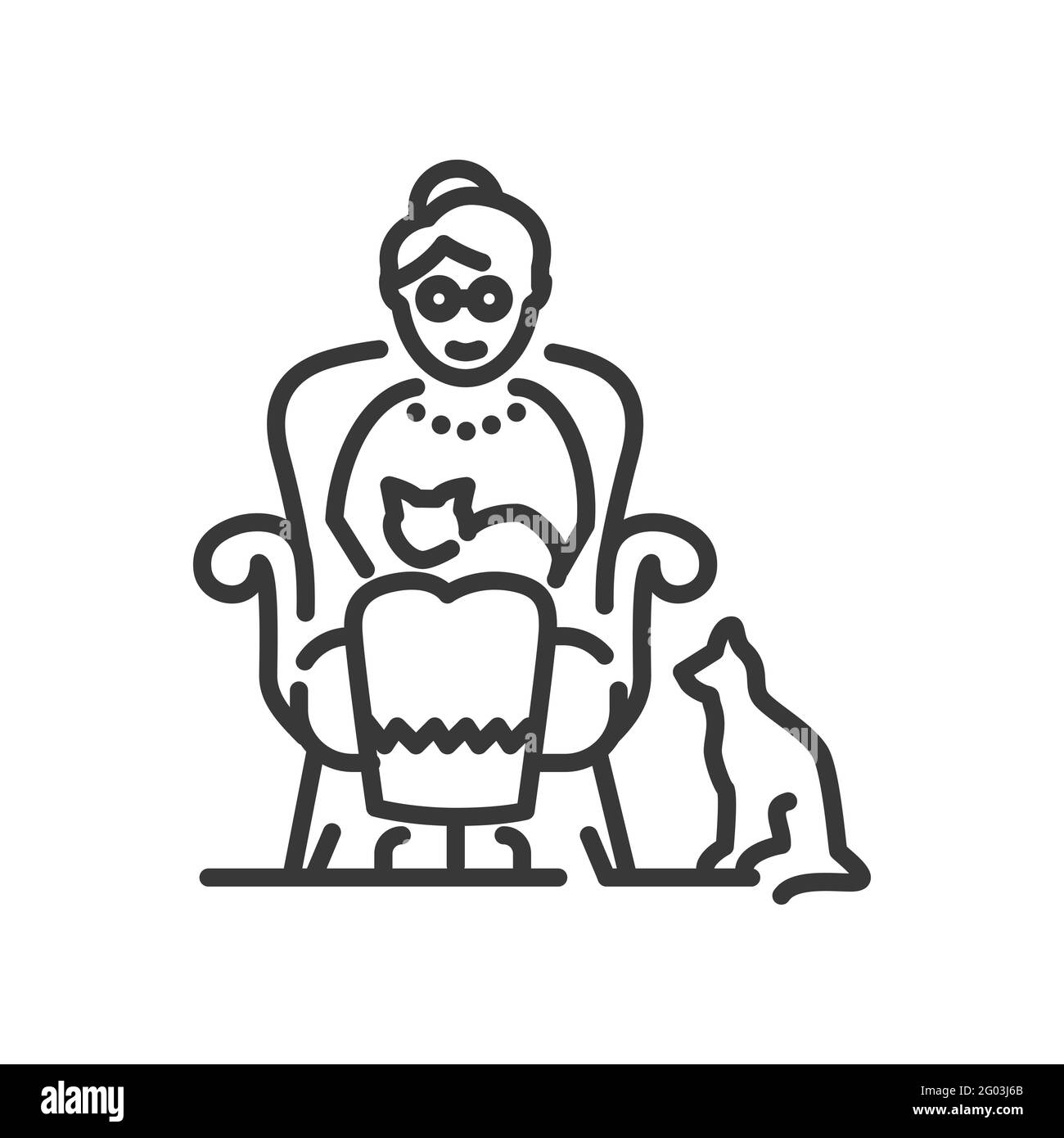 Senior woman with pets - line design single isolated icon on white ...