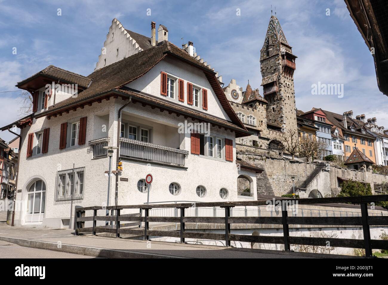 Low angle view from famous wooden bridge of Bremgarten to stone tower ...