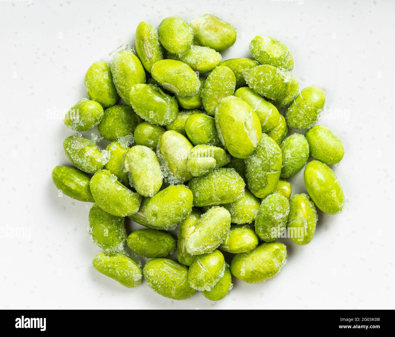 top view of pile of frozen Edamame (unripe soybeans) close up on gray ...