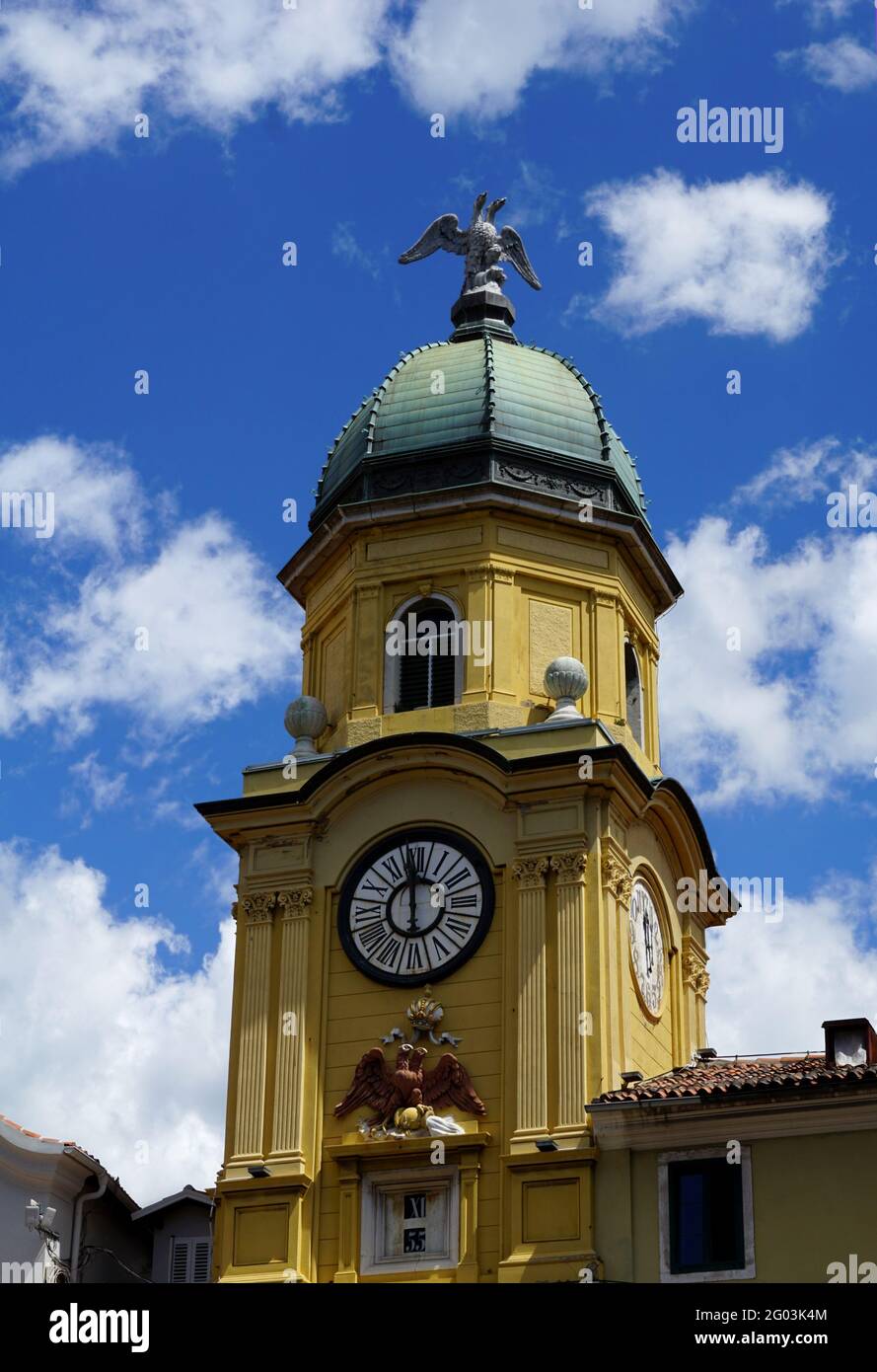 Noon at the monumental and historic tower of city clock in the Croatian ...