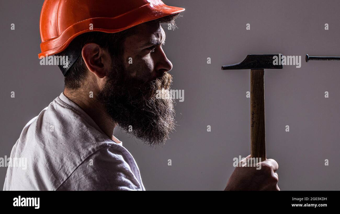 Hammer hammering a nail. Handyman services. Builders in hard hat ...