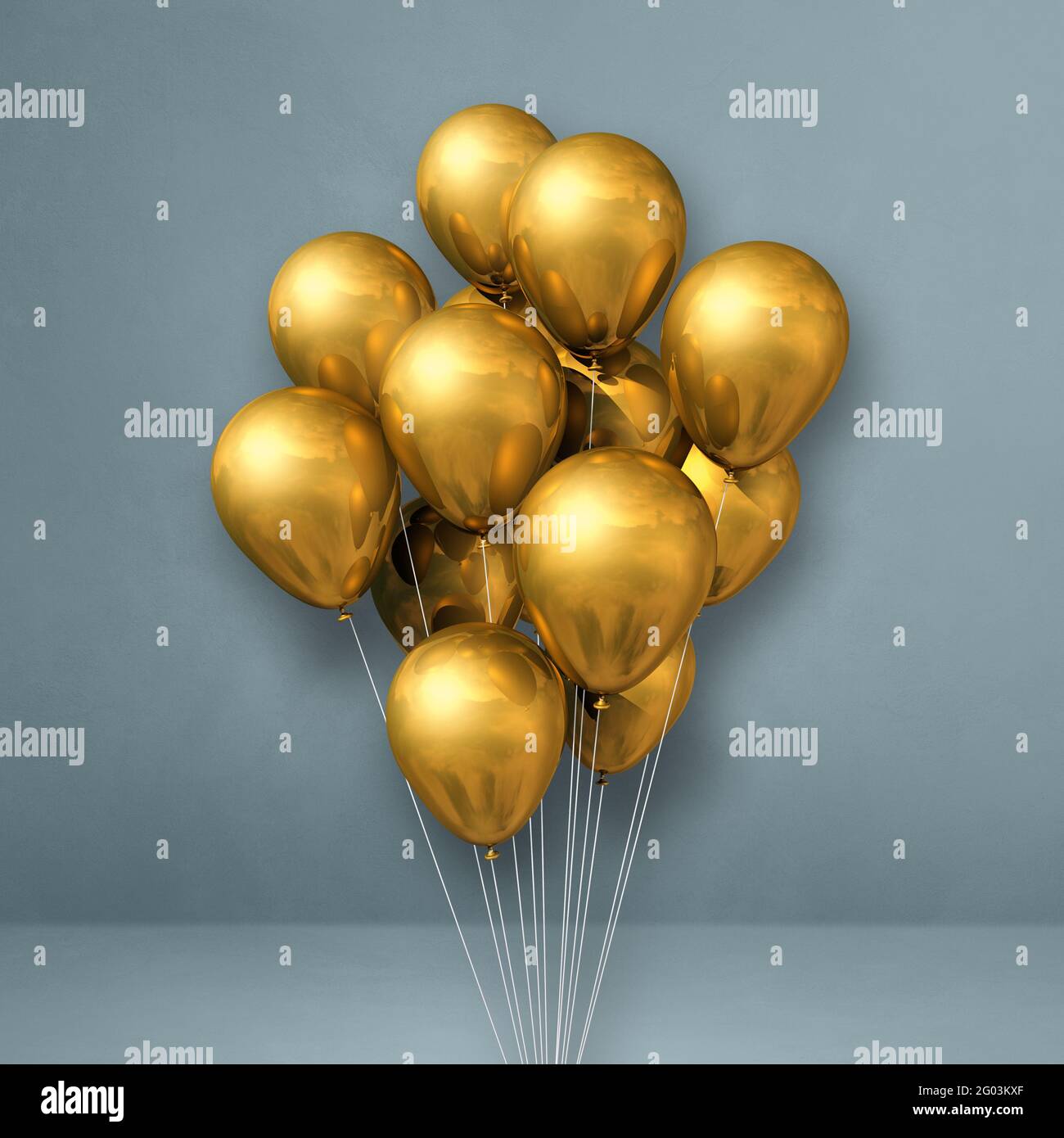 Gold balloons bunch on a grey wall background. 3D illustration render ...