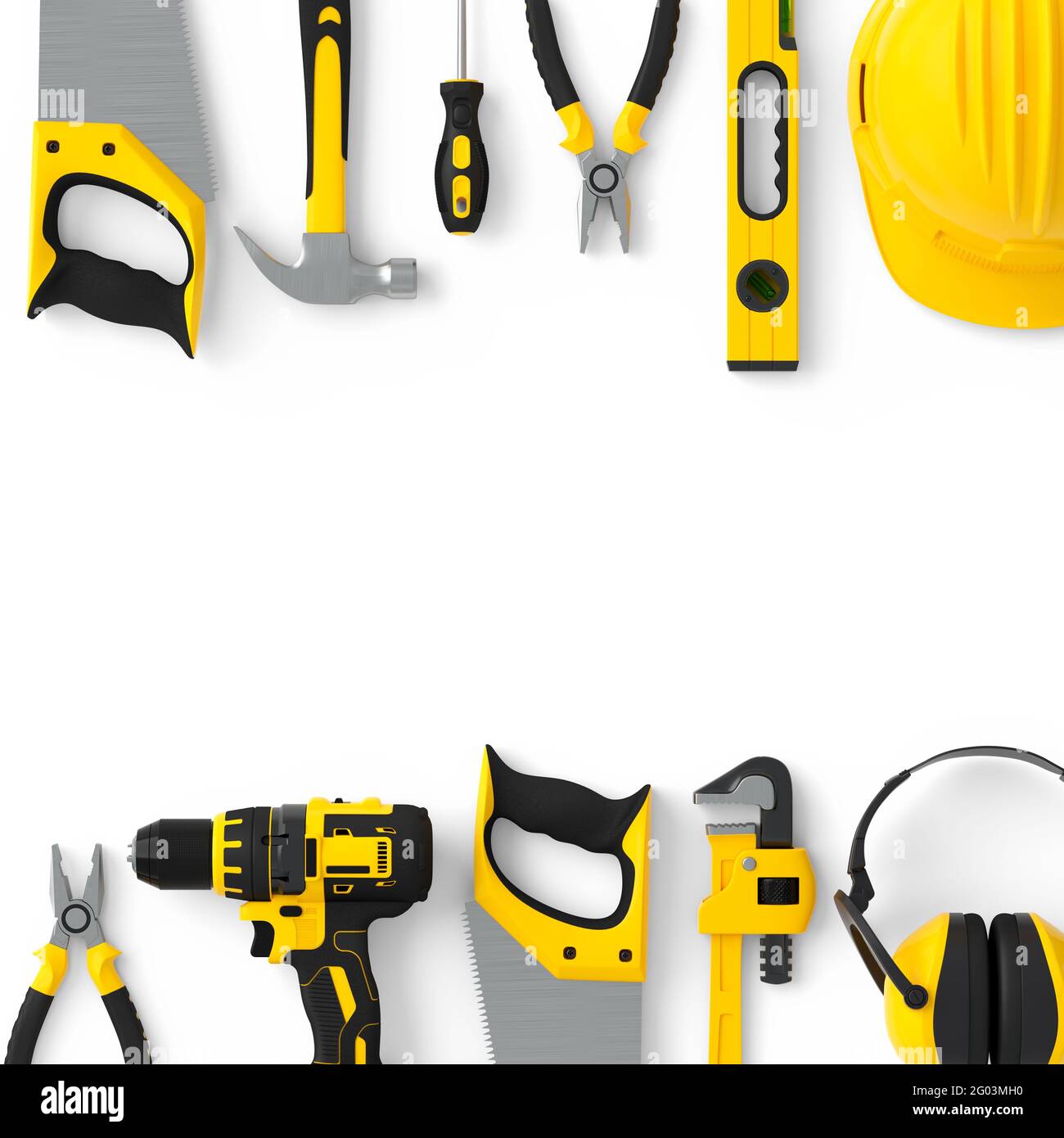 Top view of yellow construction tools for repair and installation on ...