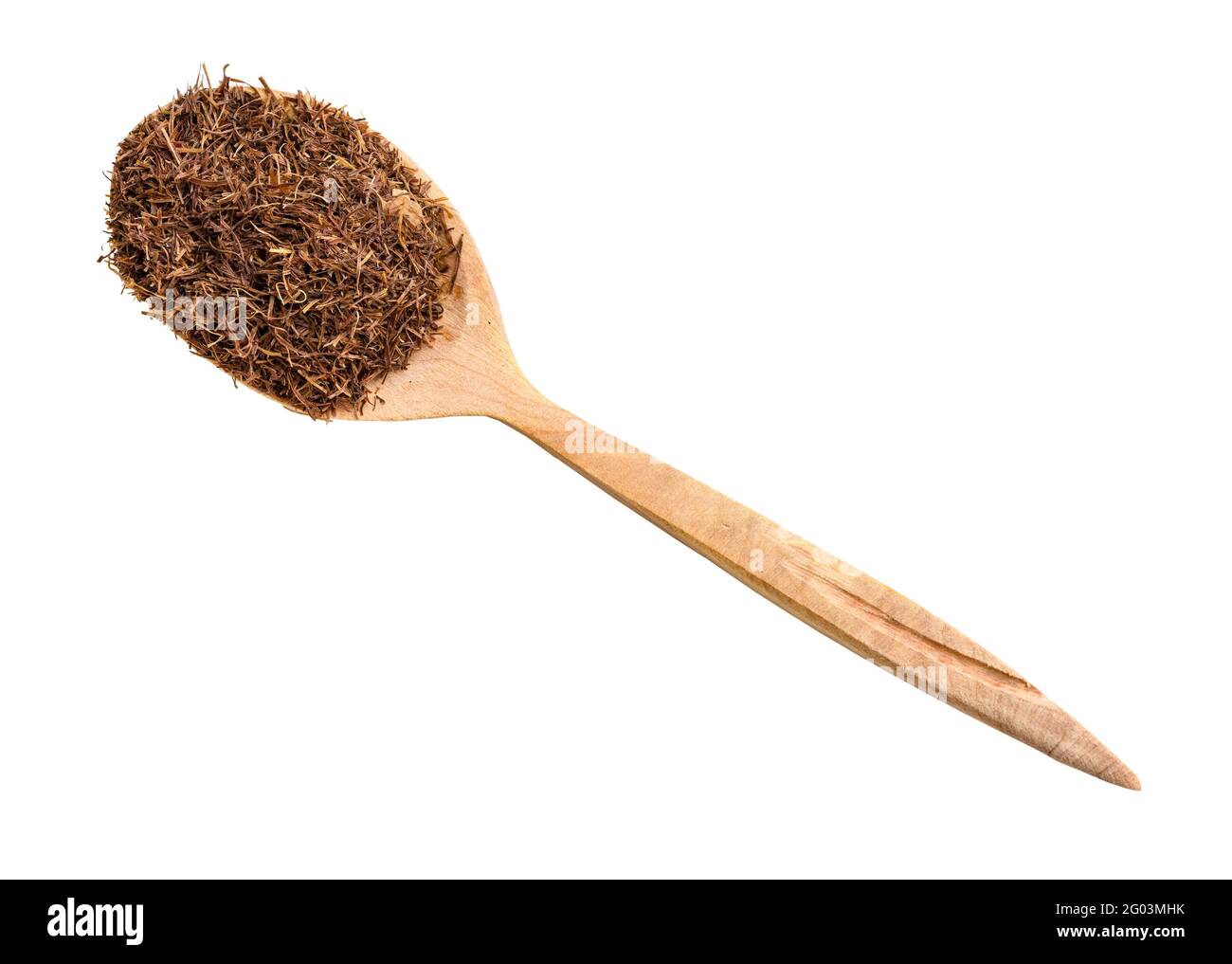 top view of grinded dried corn silk in wood spoon isolated on white ...