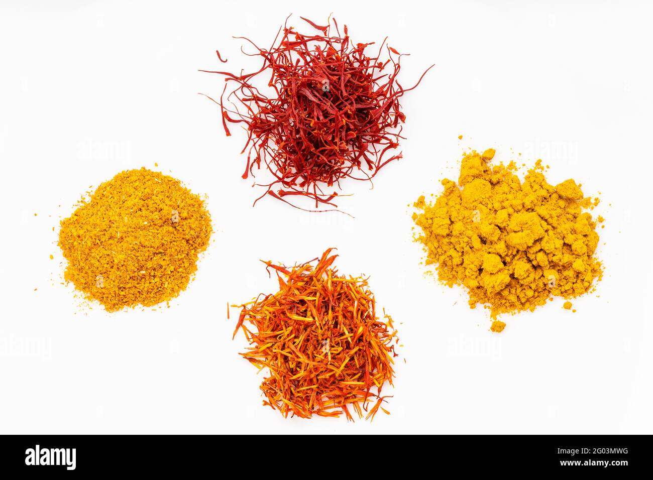 top view of saffron and its substitutes (crocus, turmeric, safflower ...