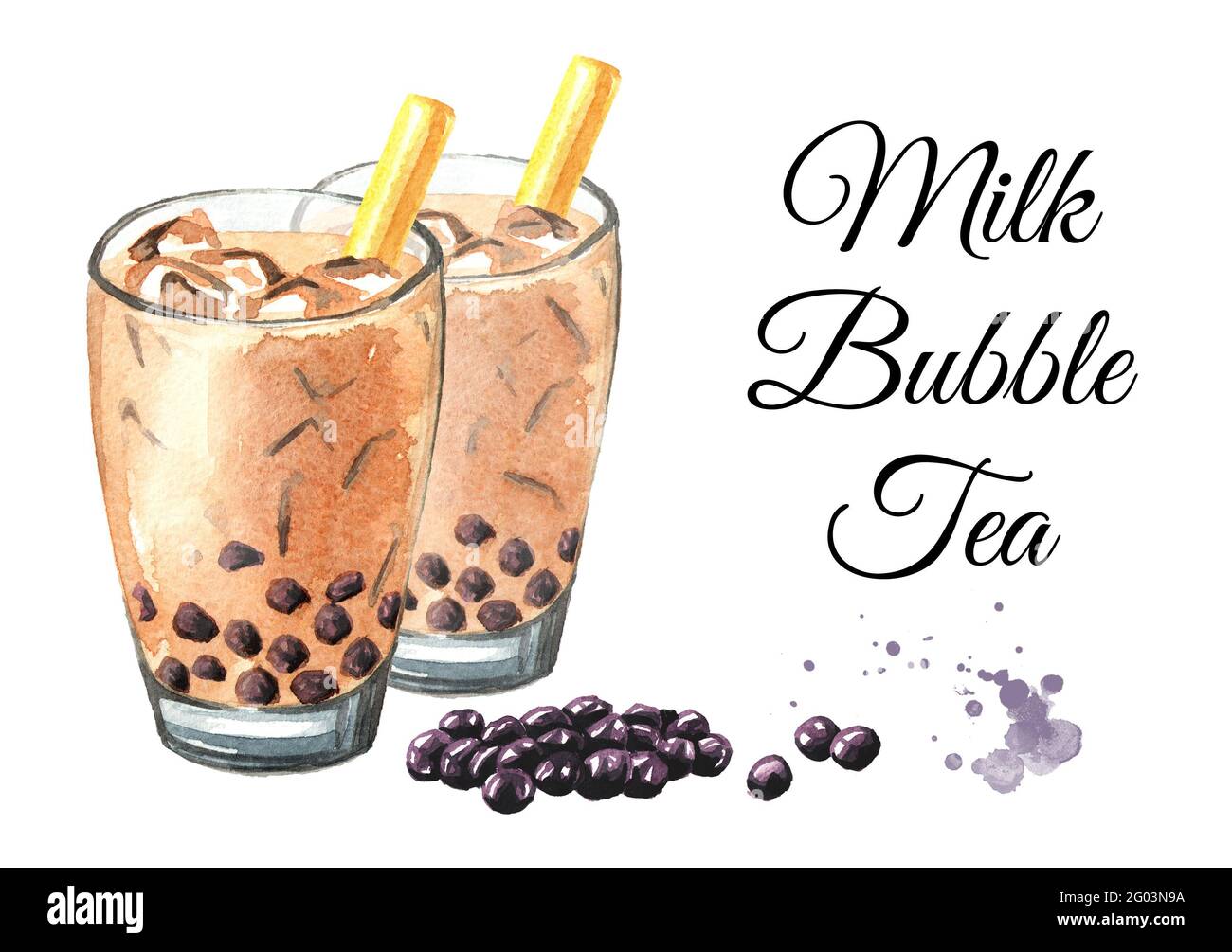 Taiwan Milk Bubble Tea with Tapioca Pearls. Food concept. Watercolor ...