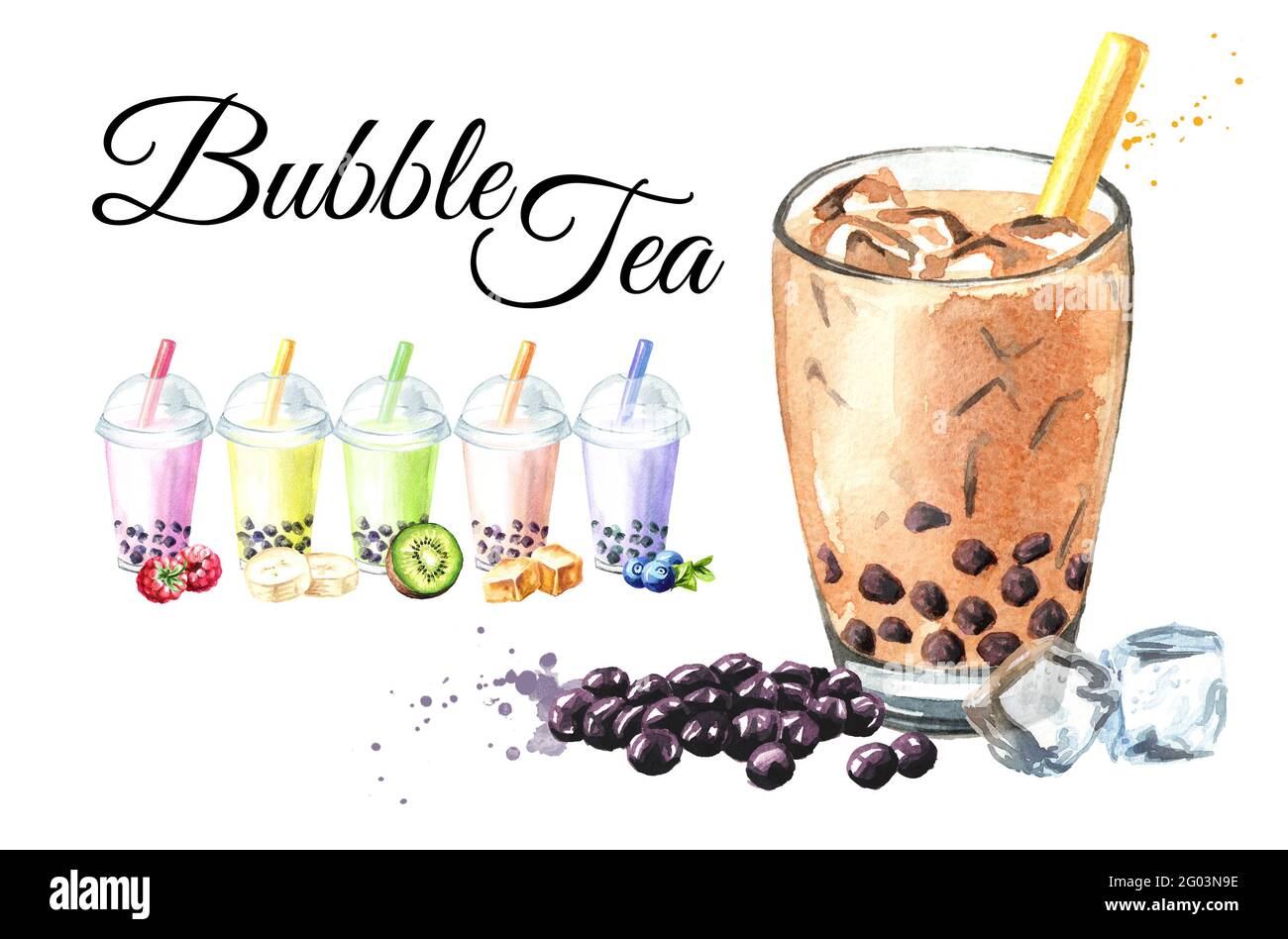 Bubble fruit Tea with Tapioca Pearls card. Food concept. Watercolor ...