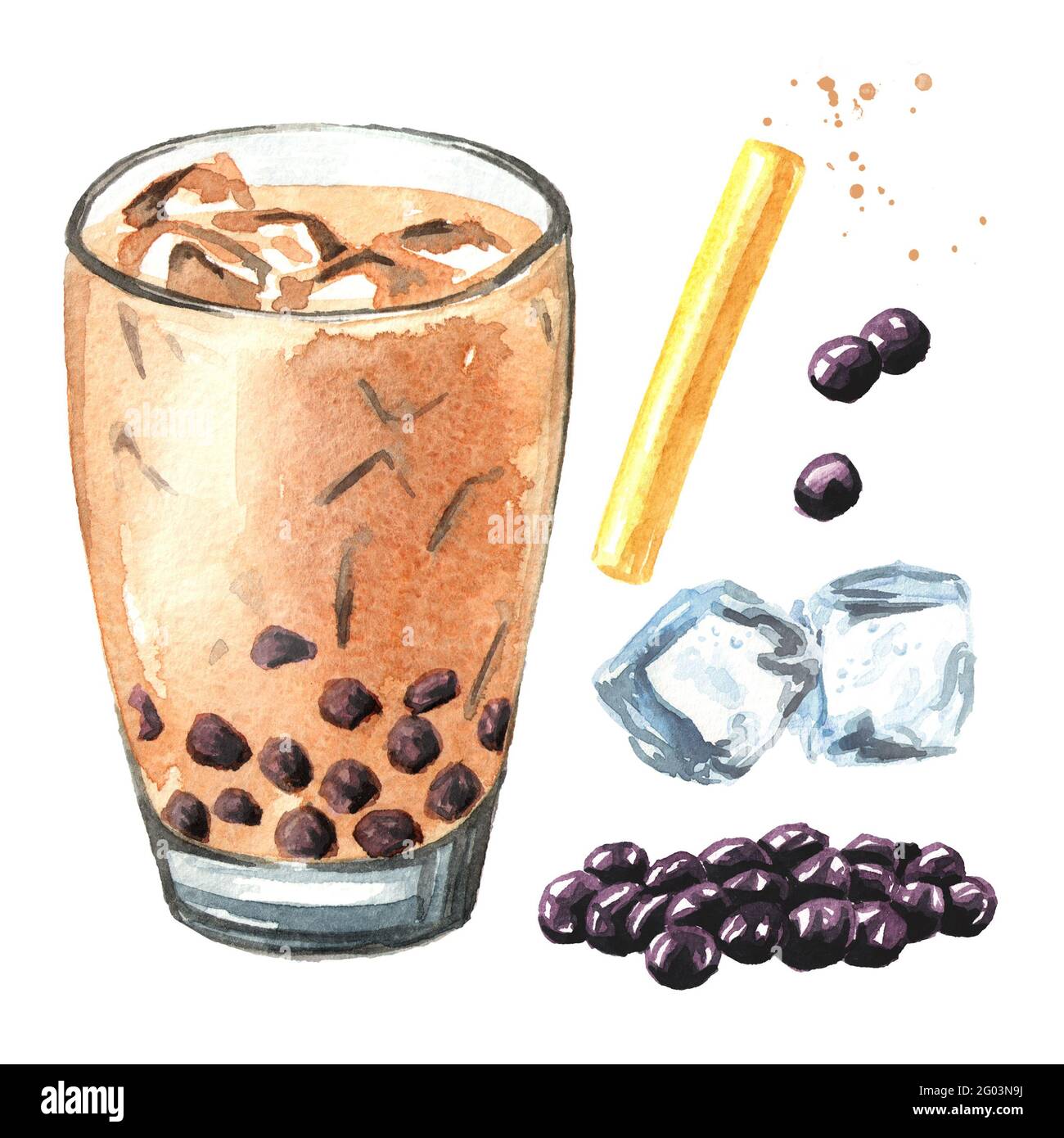 Taiwan Milk Bubble Tea with tapioca pearl and ice cube set. Food ...