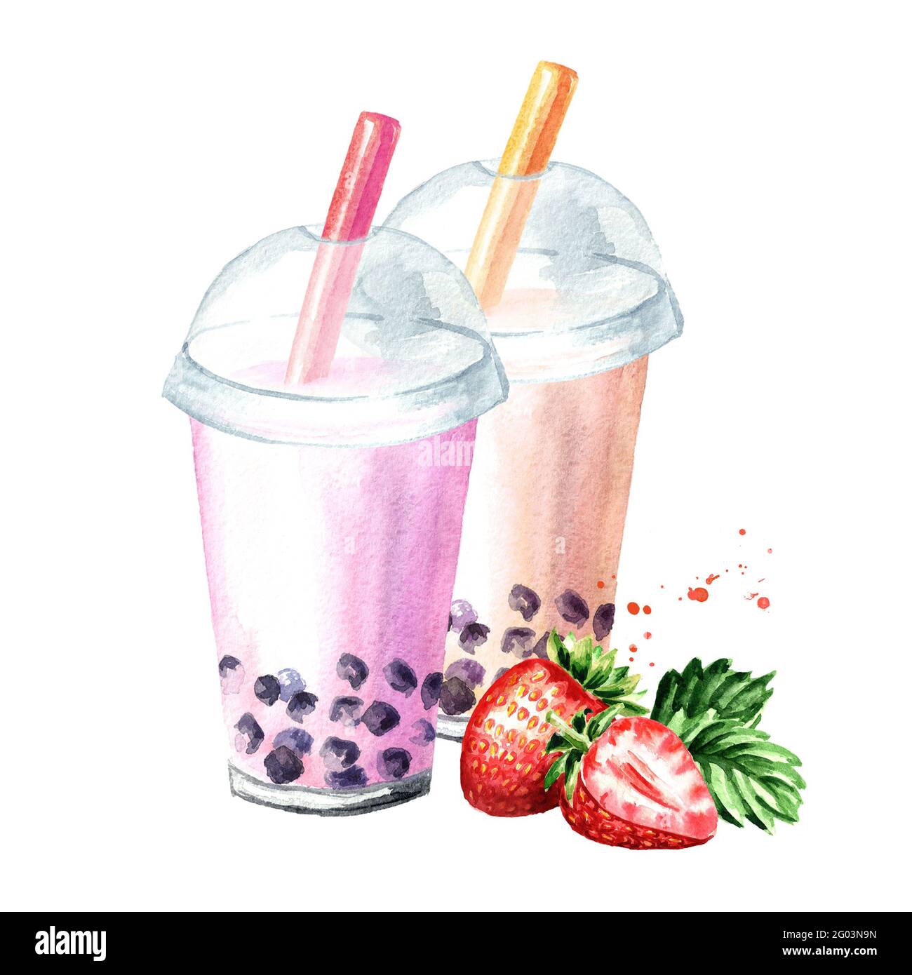 Fruit Milky Bubble Tea. Food concept. Watercolor hand drawn ...