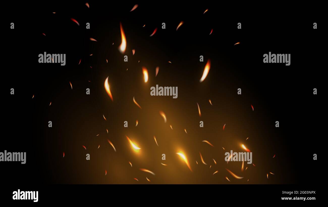 Burning sparks on dark background. Flying fire particles. Realistic ...