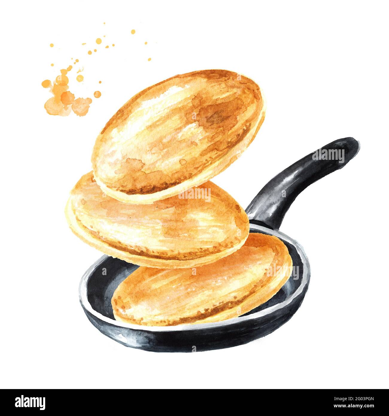 Flying pancakes and frying pan. Hand drawn watercolor illustration ...