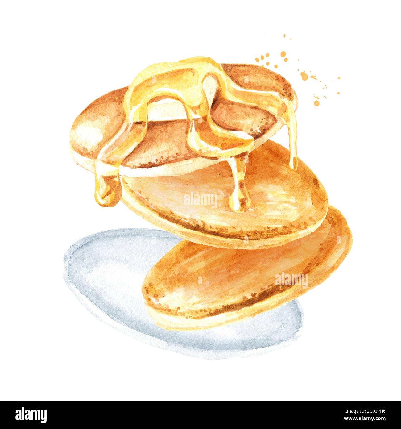 Flying pancakes with sweet maple syrup or honey. Hand drawn watercolor ...