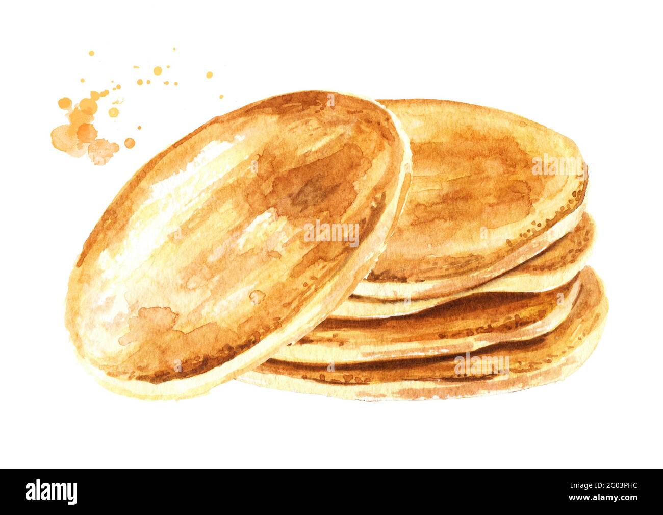 Stack of pancakes. Hand drawn watercolor illustration, isolated on ...