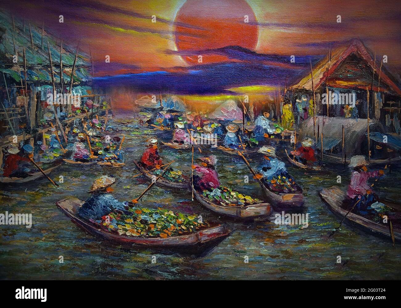 Art painting Oil color Floating market Thailand , rural life , rural ...