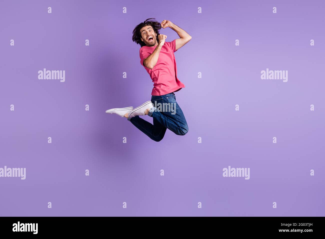 Full size profile photo of optimistic nice brunet guy jump wear pink t ...