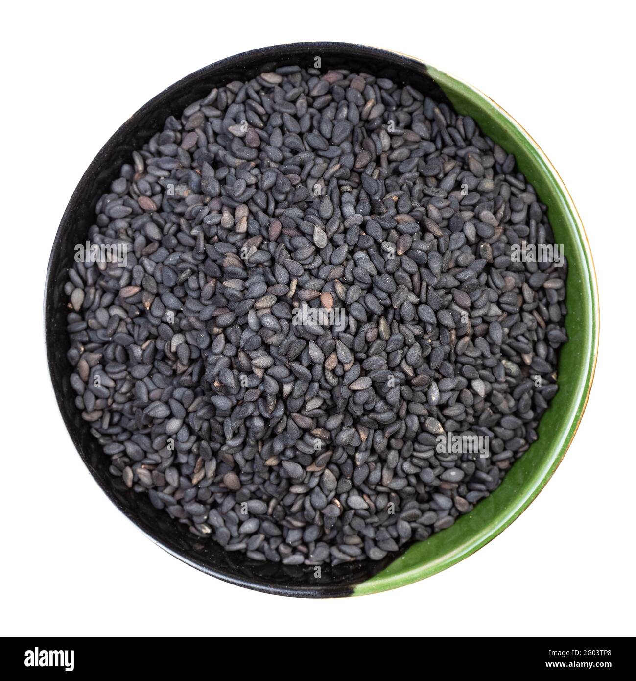 top view of black sesame seeds in round bowl isolated on white ...