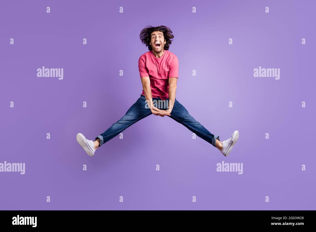 Full length photo of crazy excited young guy dressed pink outfit ...