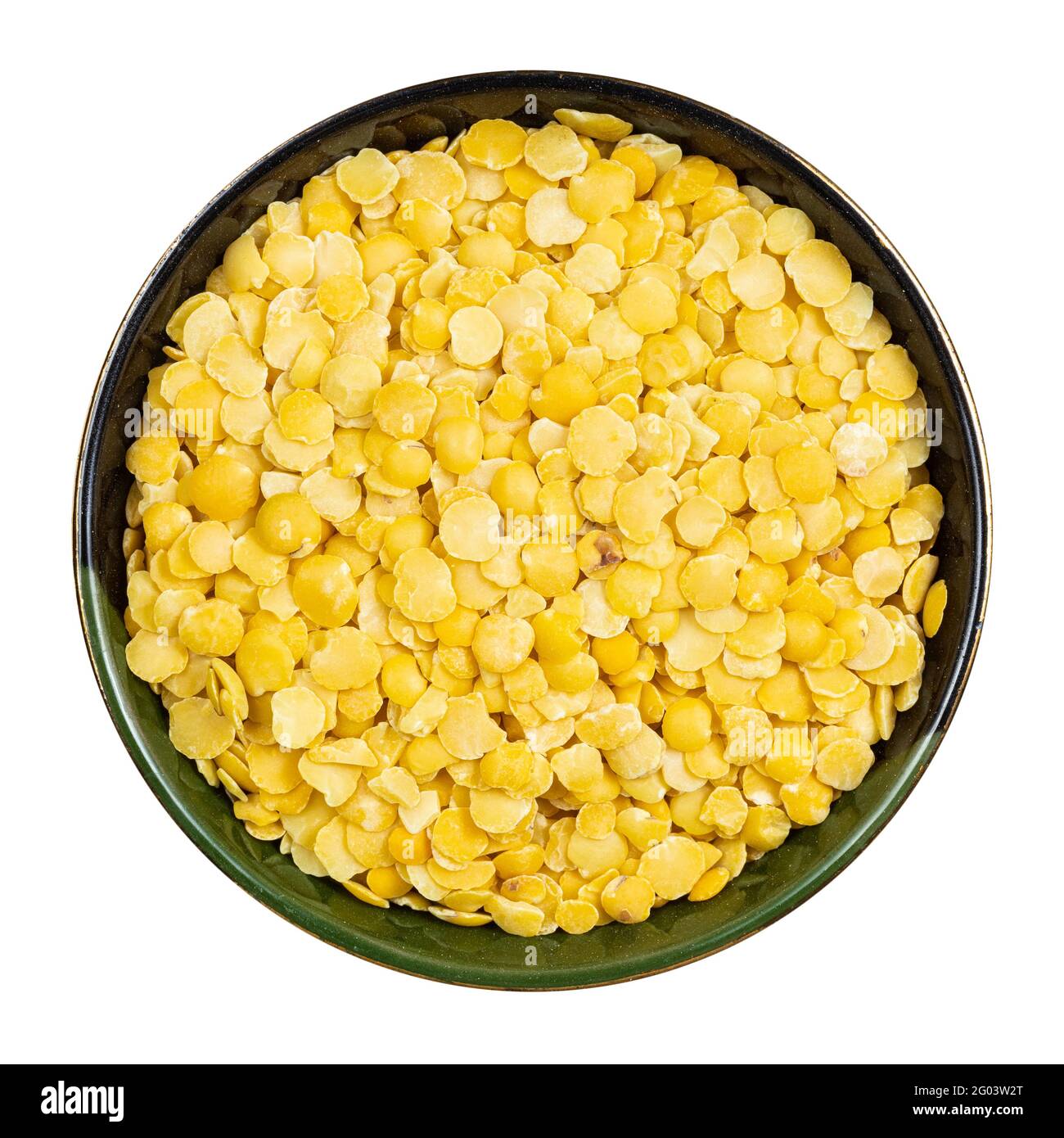 top view of raw split yellow lentils in round bowl isolated on white ...