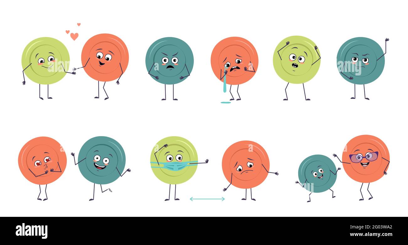 Set of cute characters multicoloured plates with emotions, face, hands ...