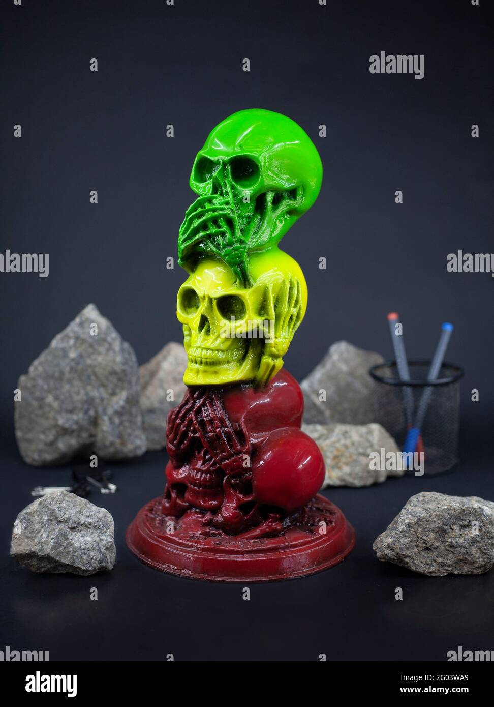 The statue of skulls no evil hear or see in rastaman colors Stock Photo ...