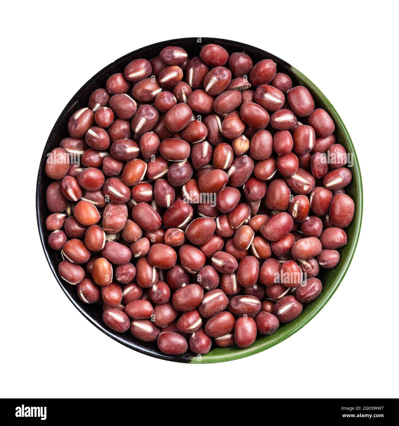 top view of raw adzuki beans in round bowl isolated on white background ...