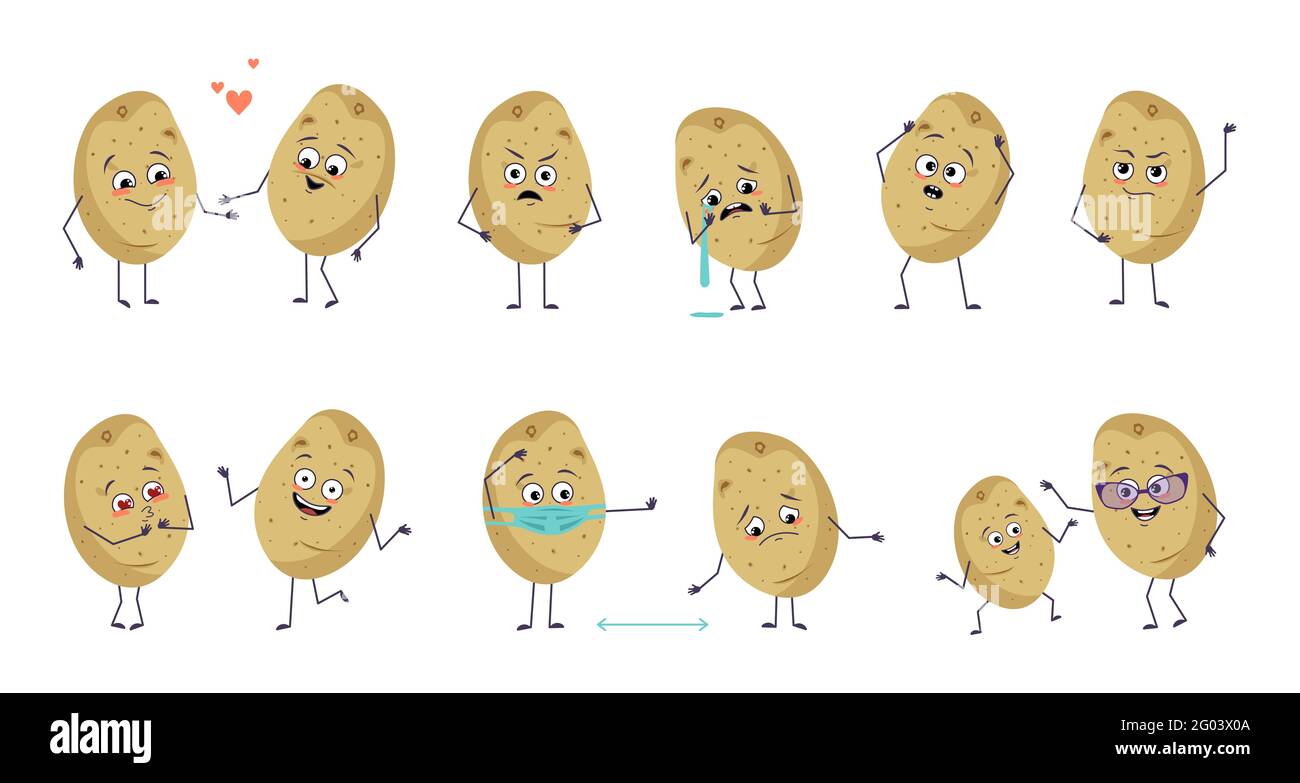 Set of cute characters potatoes with emotions, funny and sad faces ...