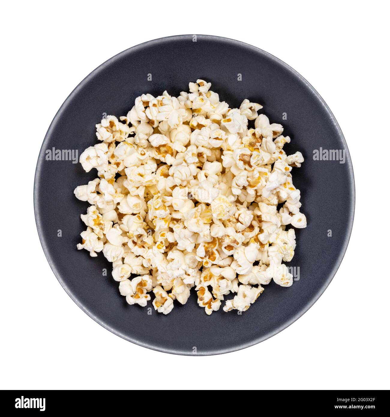 top view of popped corn in gray bowl isolated on white background Stock ...
