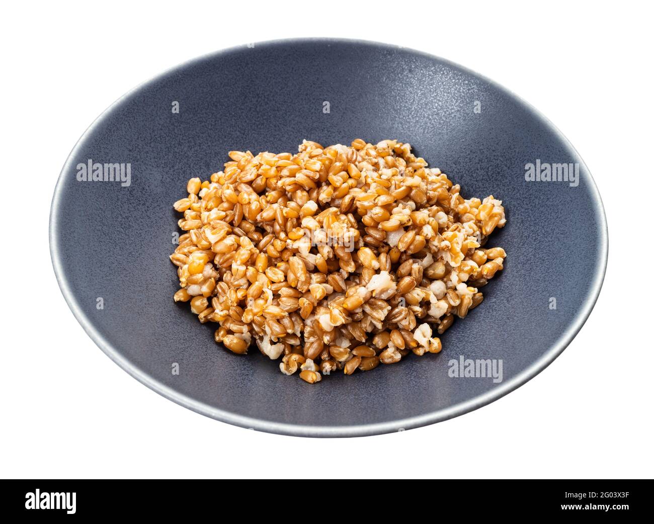 boiled porridge from whole spelt grains in gray bowl isolated on white ...
